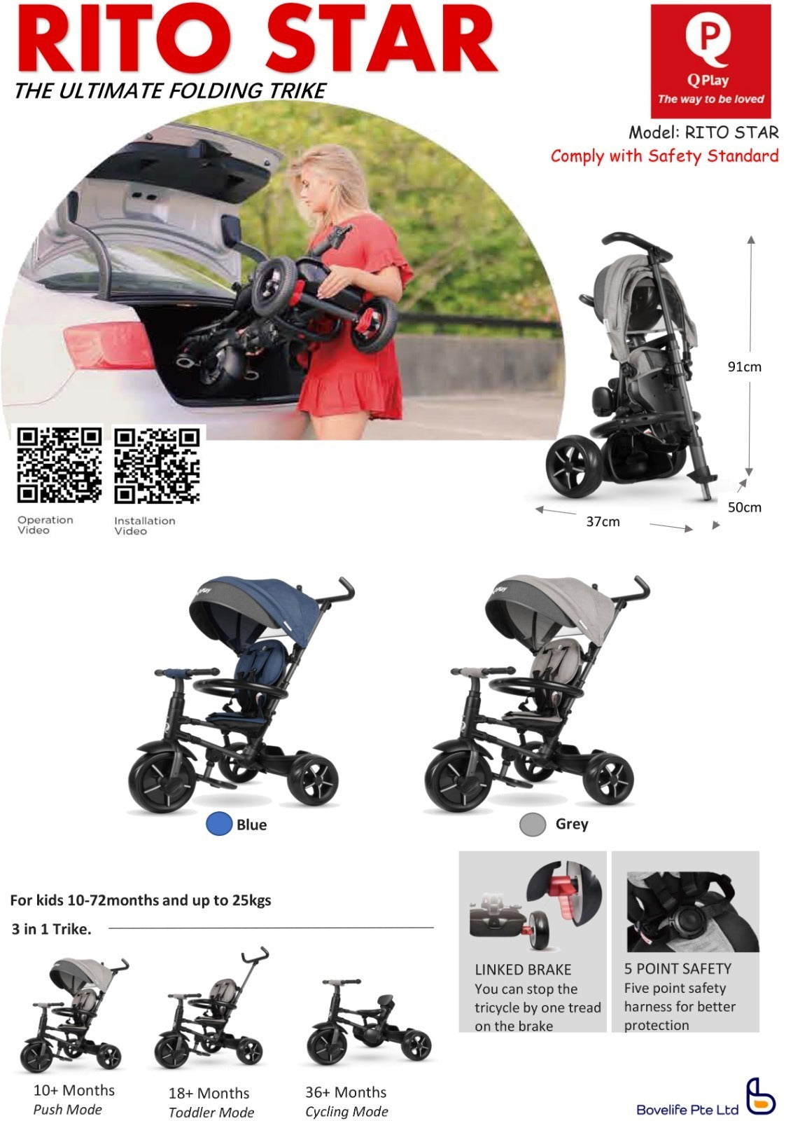 QPlay Rito 3-in-1/ Rito Star Easy Foldable Tricycle | Baby Kingdom Pte Ltd